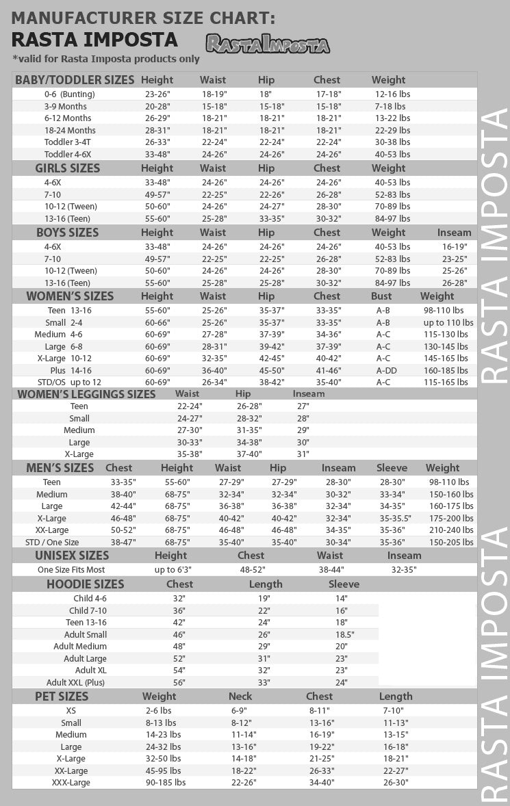 Rasta Imposta Size Chart